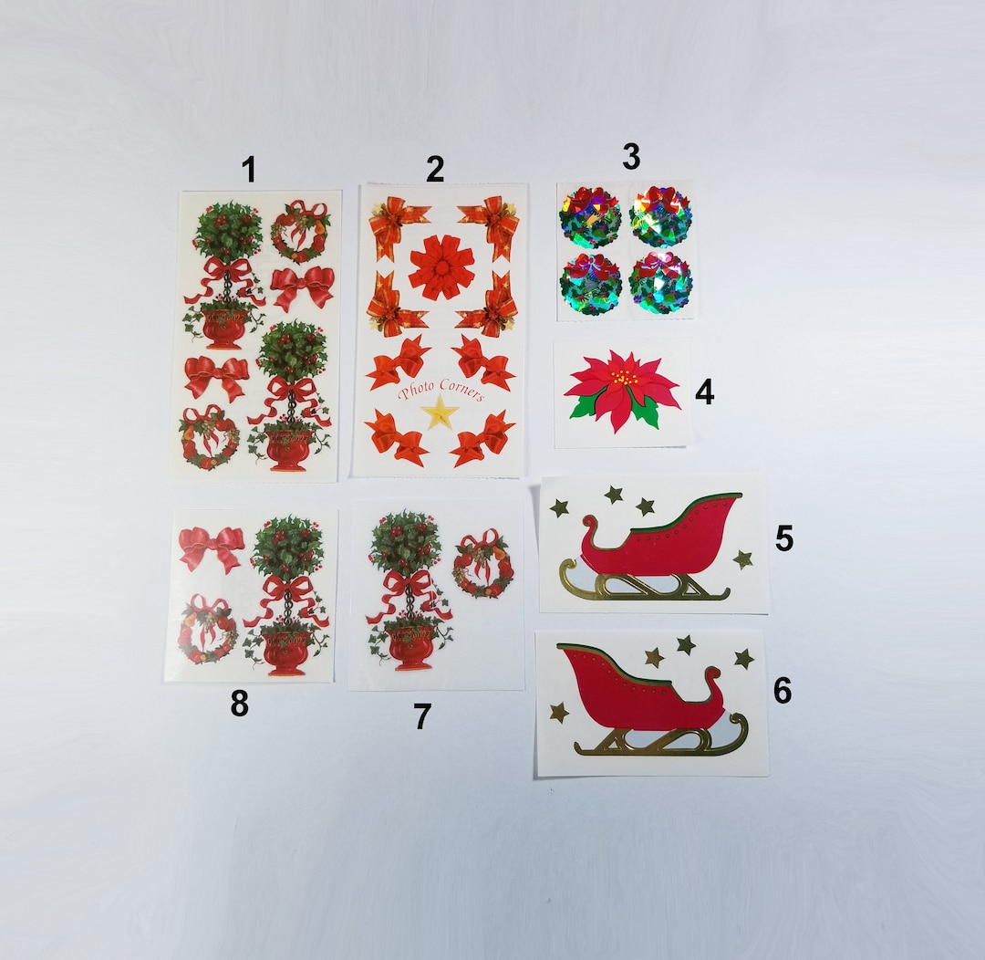 Vintage Sleigh Stickers-christmas Wreath, Poinsettia, Holly Topiary ...