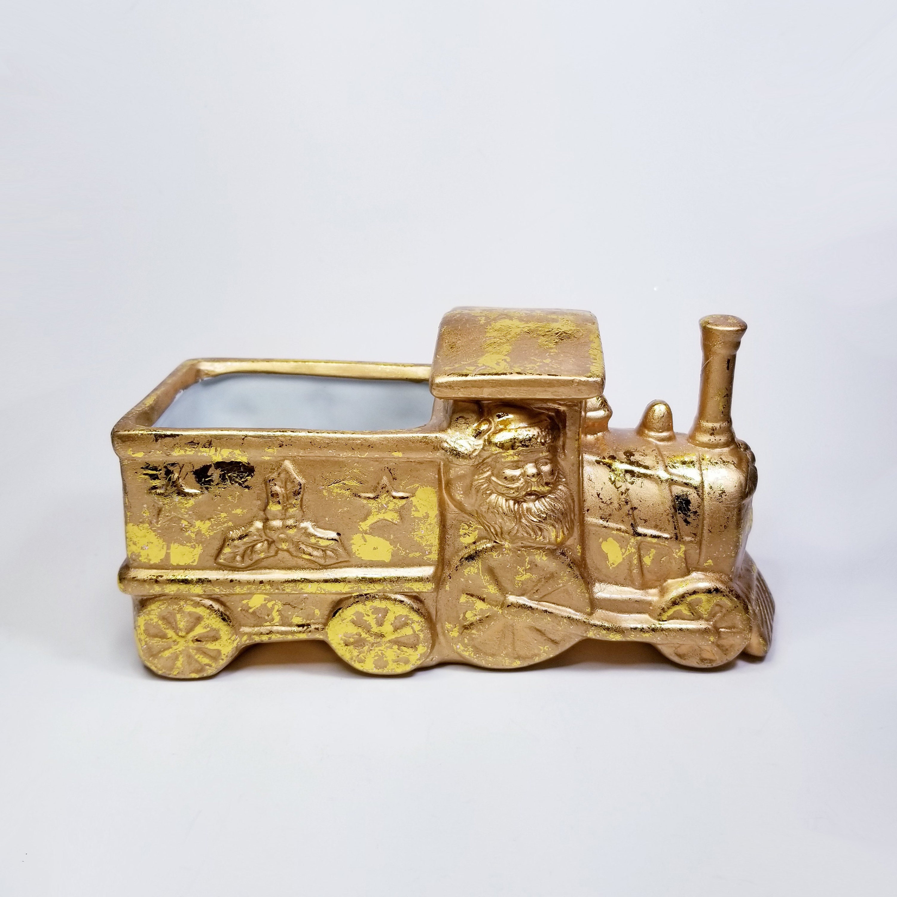 Vintage Golden Ceramic Santa Express Train Planter-christmas Ceramic ...