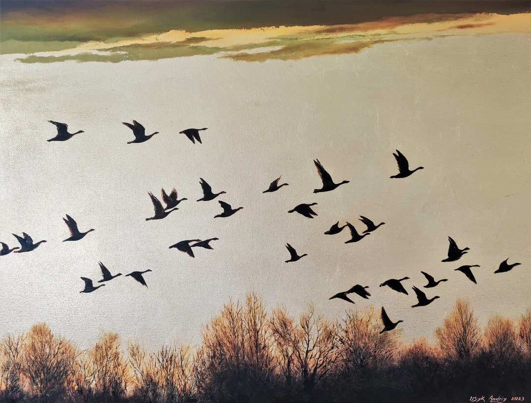 Original Oil Painting "oh, Wild Geese Were Flying", 40"/30", Nature ...