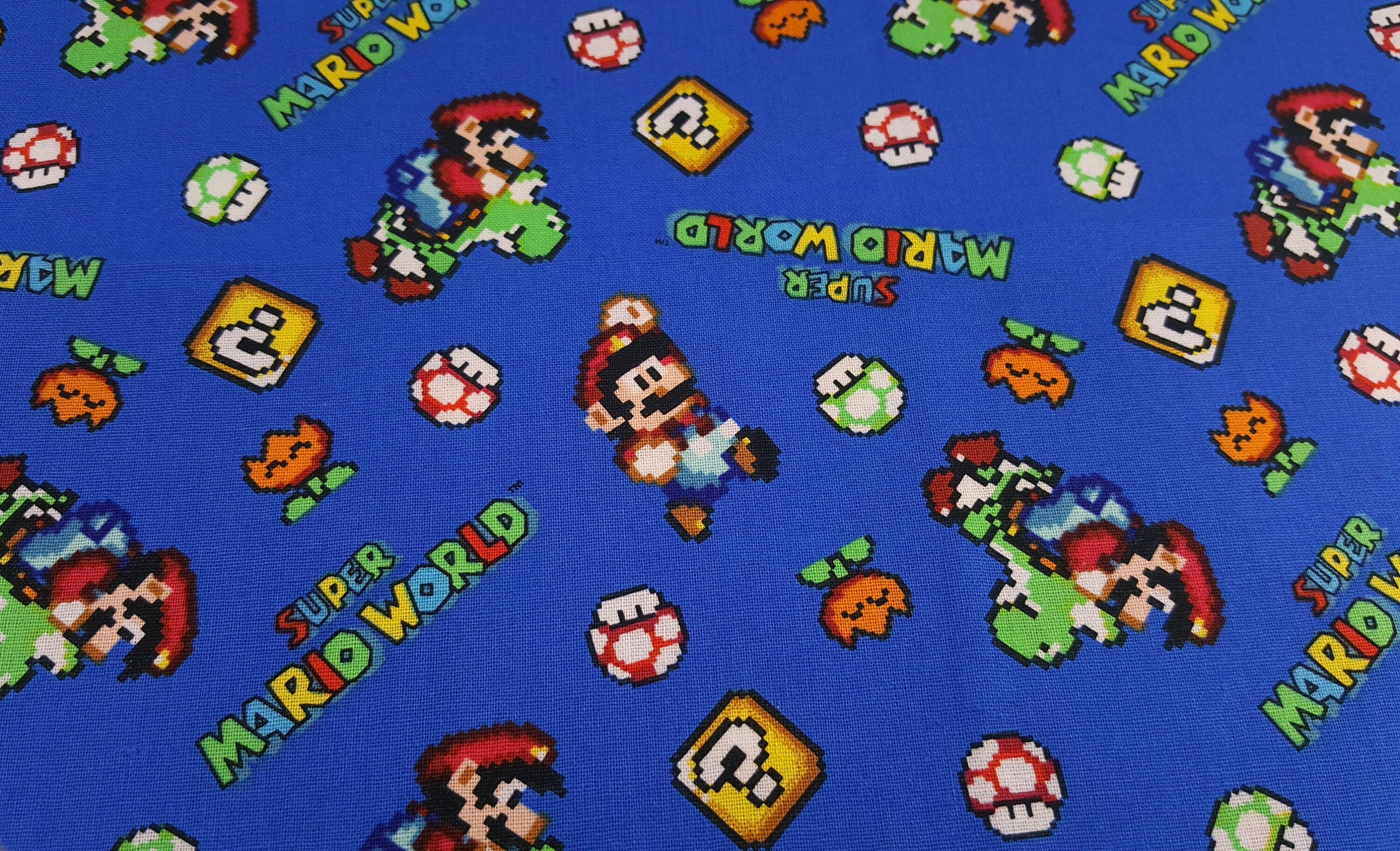 Super Mario World Characters and Symbols on Blue Cotton Fat Quarter, 18 ...