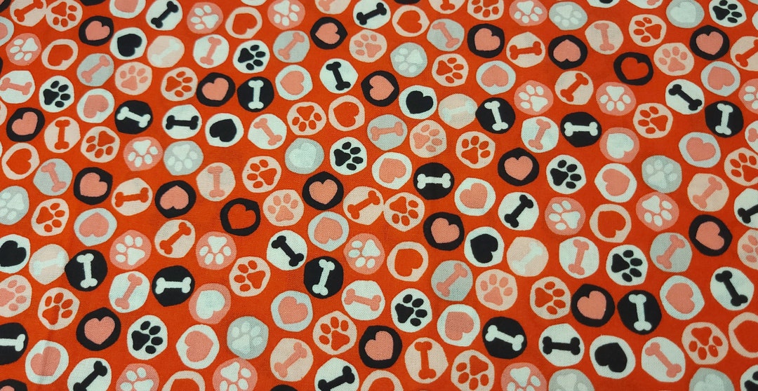 Pet and Dog Love Paw Prints, Bones, and Hearts on Red Background Cotton ...