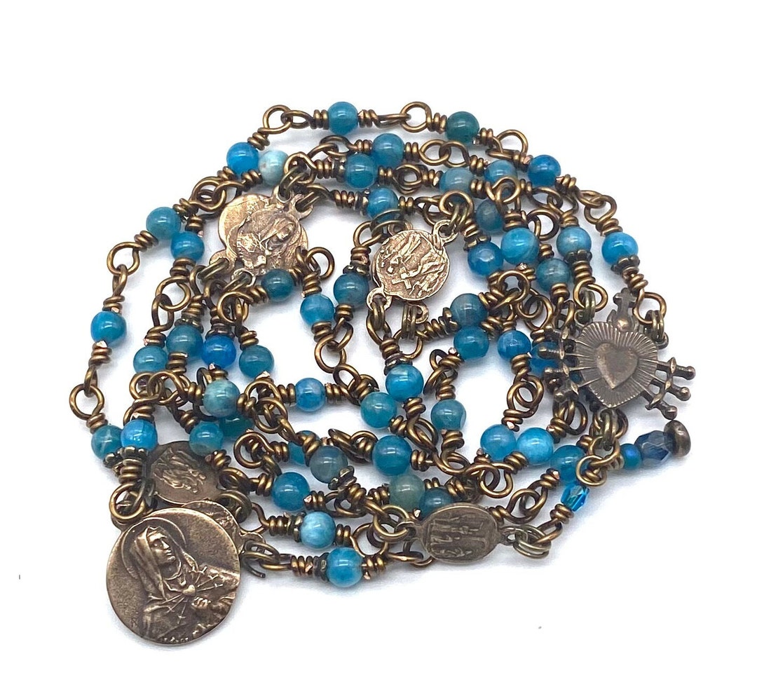 Seven Sorrows Rosary, Pacific Blue Apatite Gemstone Heirloom Catholic ...