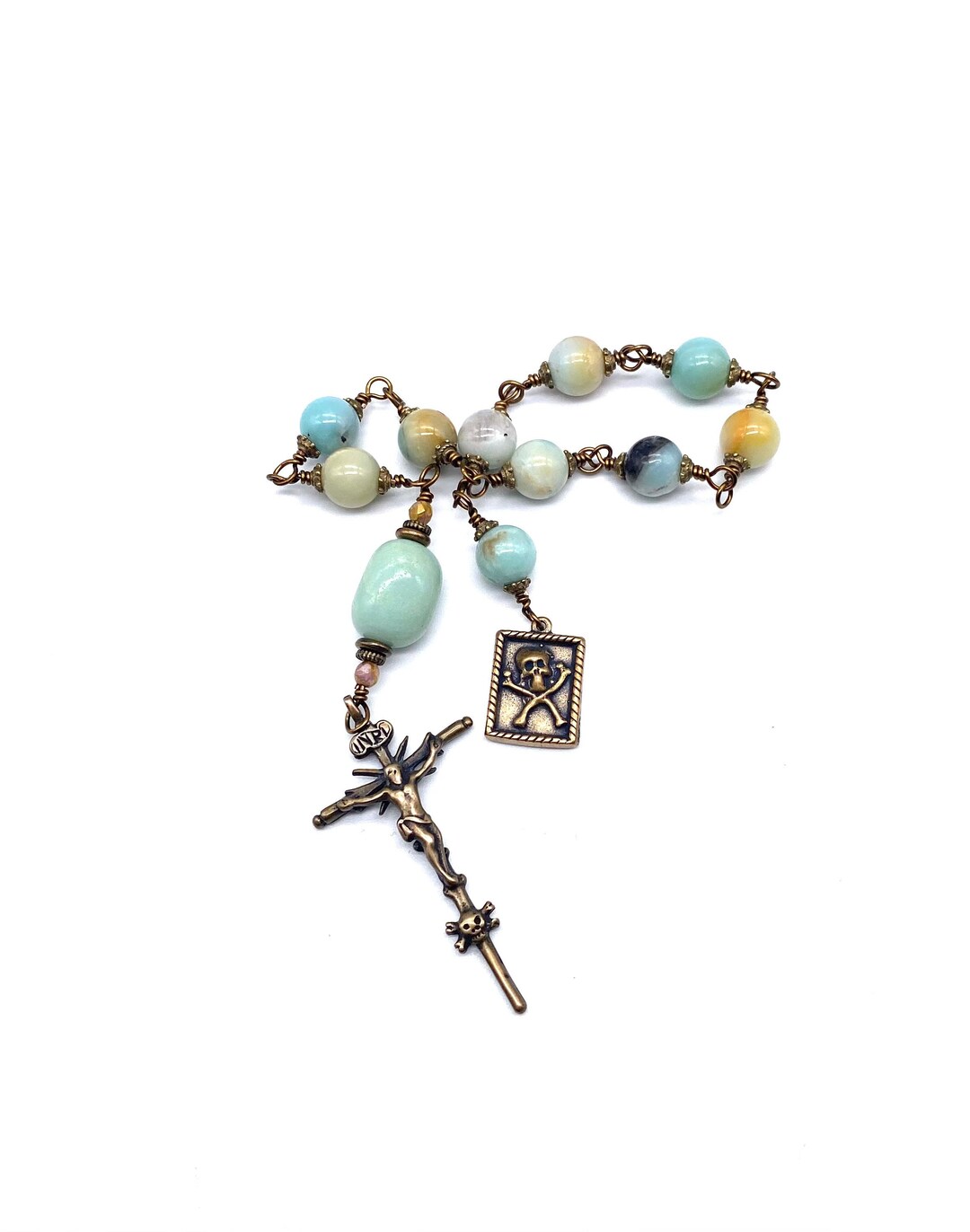 Amazonite BIG BEAD Gemstone Catholic Heirloom "memento Mori" Tenner ...