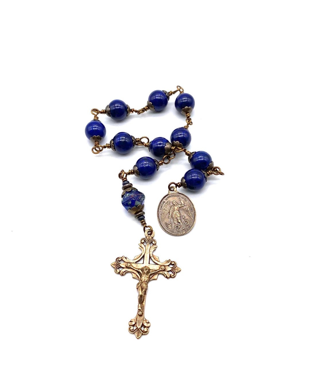 Navy Riverstone Single Decade Rosary: Blue Gemstone | Wire Wrapped ...