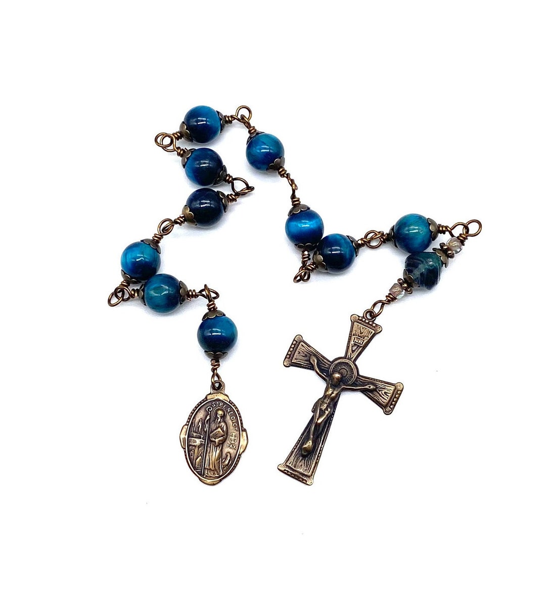 Azure Blue Tiger Eye Quartz Gemstone Wire Wrapped Catholic Heirloom ...