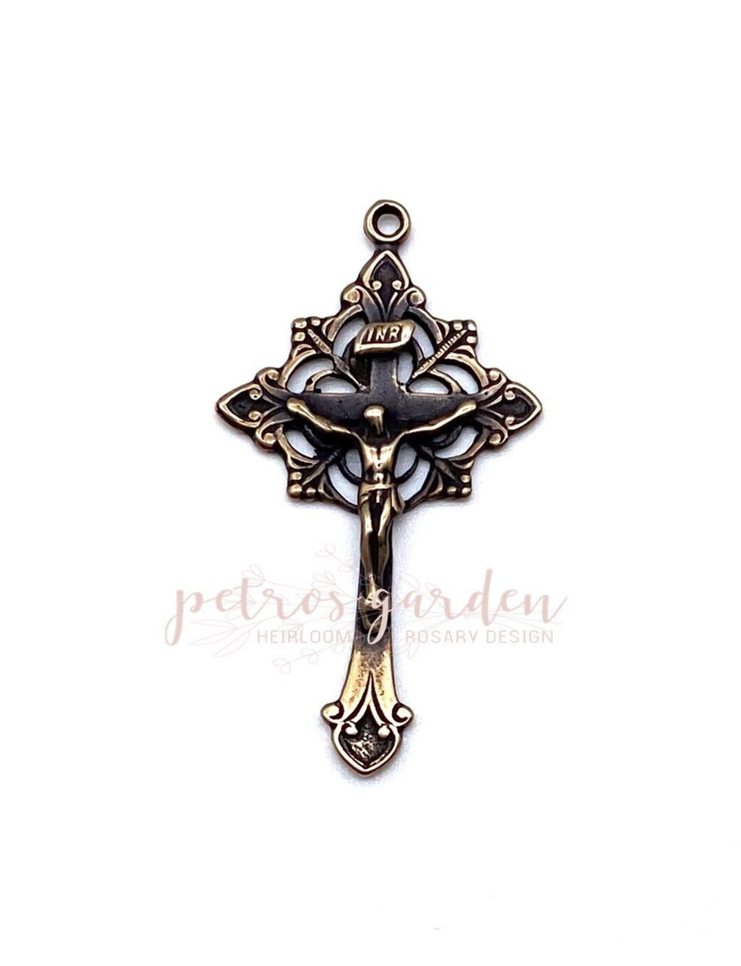 Solid Bronze INTRICATE FLORAL Lotus Open Crucifix Rosary Crucifix ...