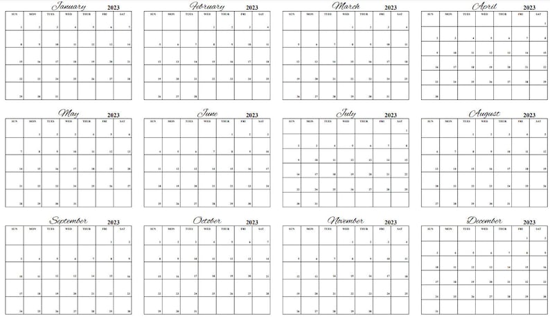 Printable 2023 Monthly Calendar January-december 12 Pages - Etsy