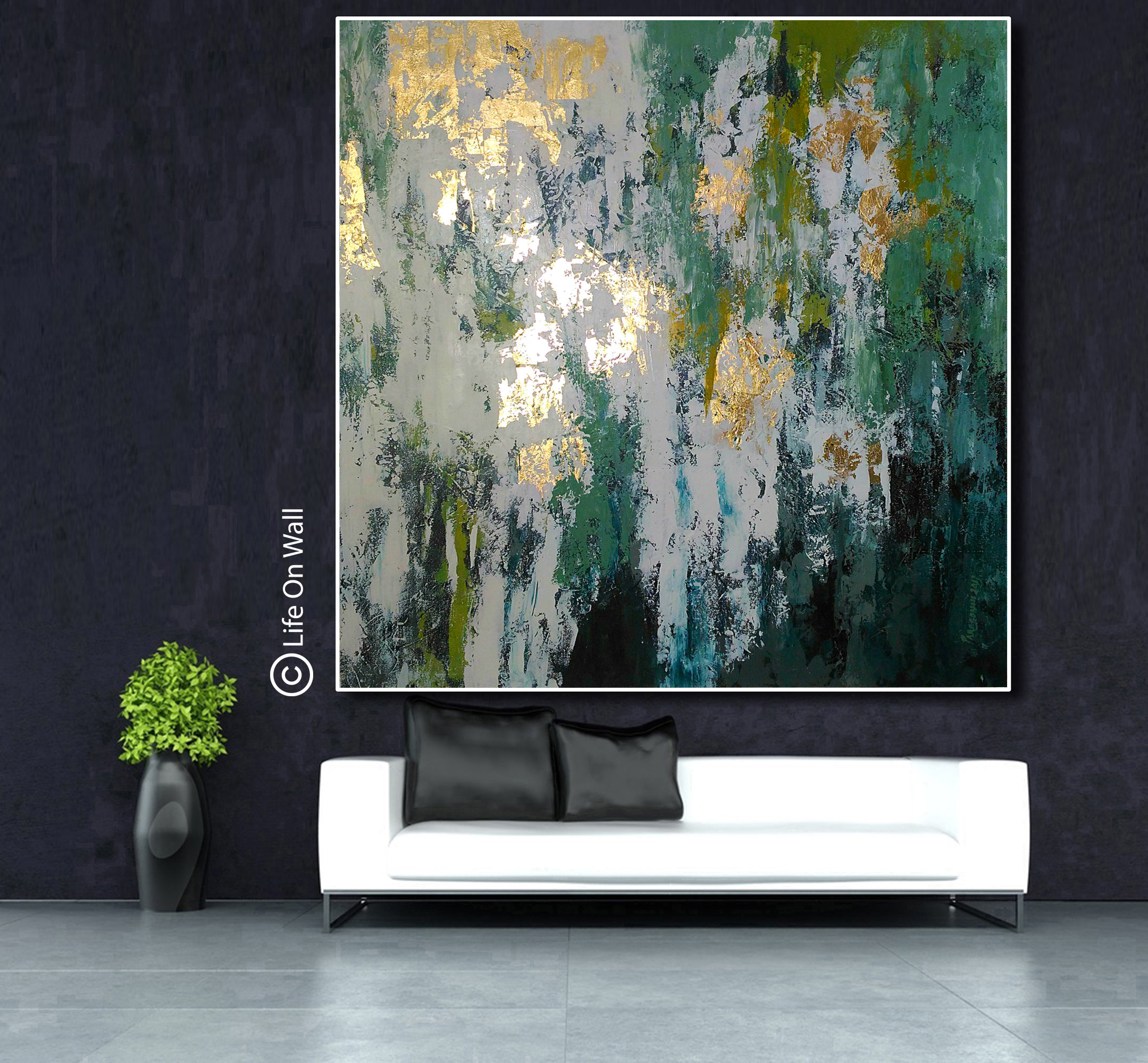 Large Abstract Painting – Emerald Green Gold Leaf Textured Hand Painted ...