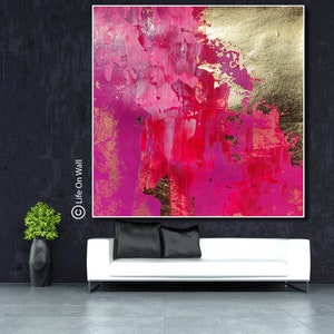 Large Abstract Wall Art Gold Pink Red, Red Pink Gold Leaf Abstract ...