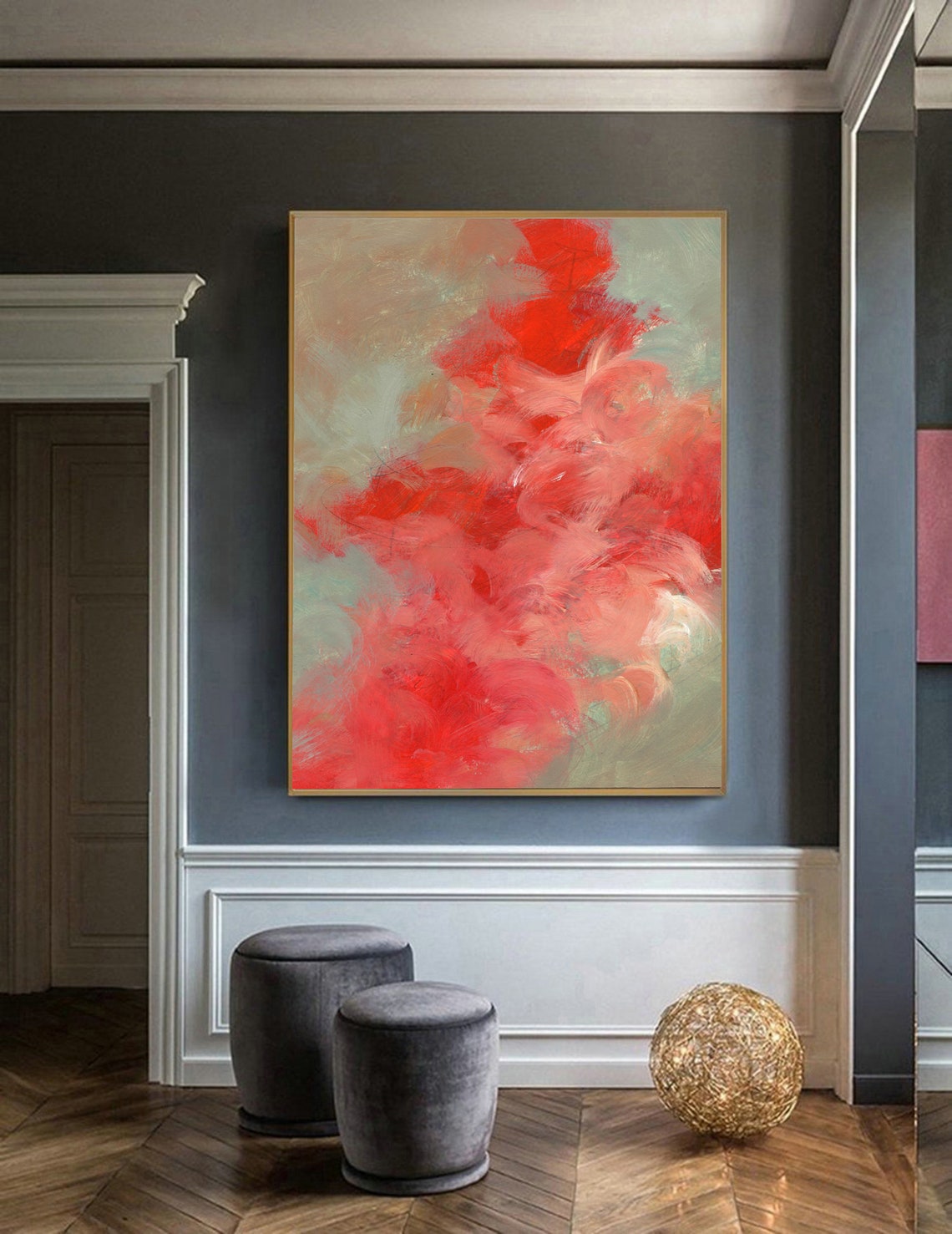 Red & Gray Abstract Art on Canvas: Contemporary Home Decor - Etsy