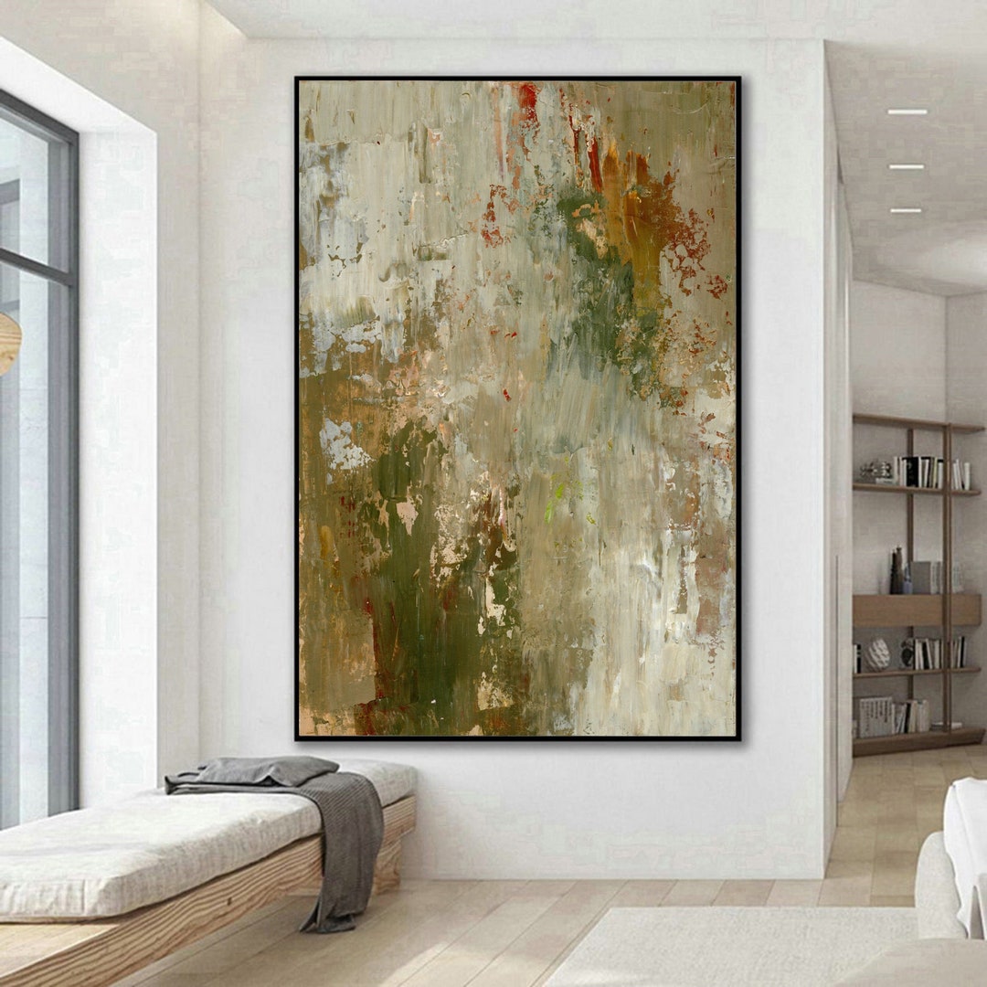 Large Framed Abstract Canvas Art Green Gray Beige Ochre Brown | Ready ...