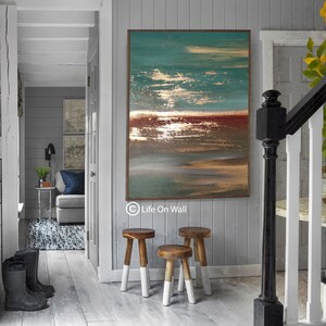 Large Abstract Painting Gold Leaf Teal Blue Brown, Oversize Vertical ...