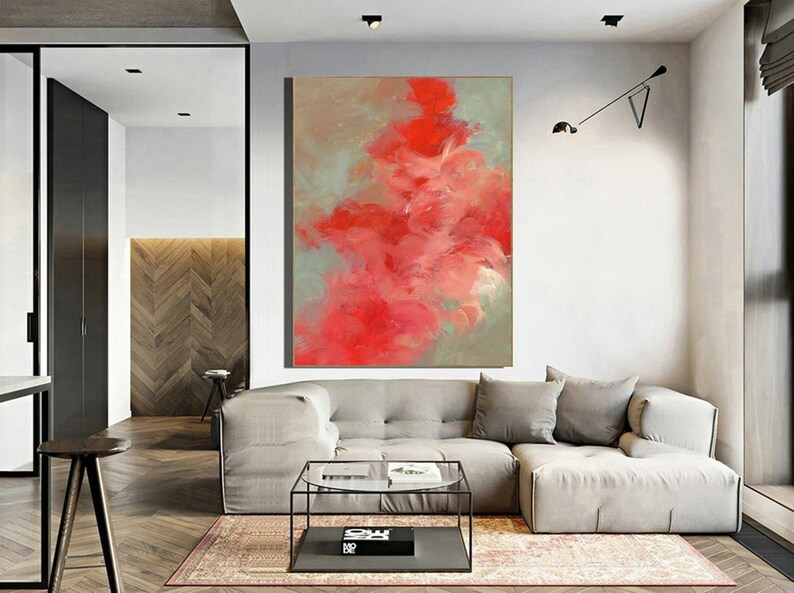 Red & Gray Abstract Art on Canvas: Contemporary Home Decor - Etsy