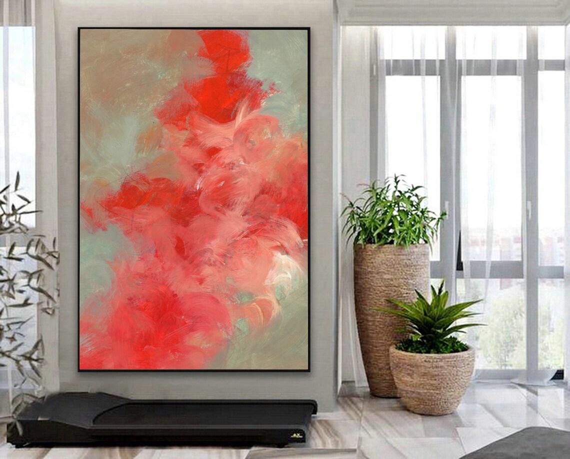 Red & Gray Abstract Art on Canvas: Contemporary Home Decor - Etsy