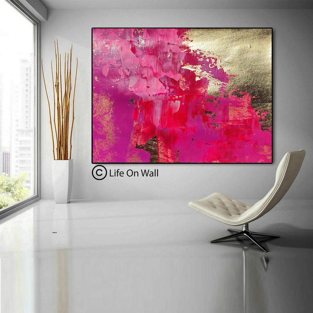 Large Abstract Wall Art Gold Pink Red, Red Pink Gold Leaf Abstract ...