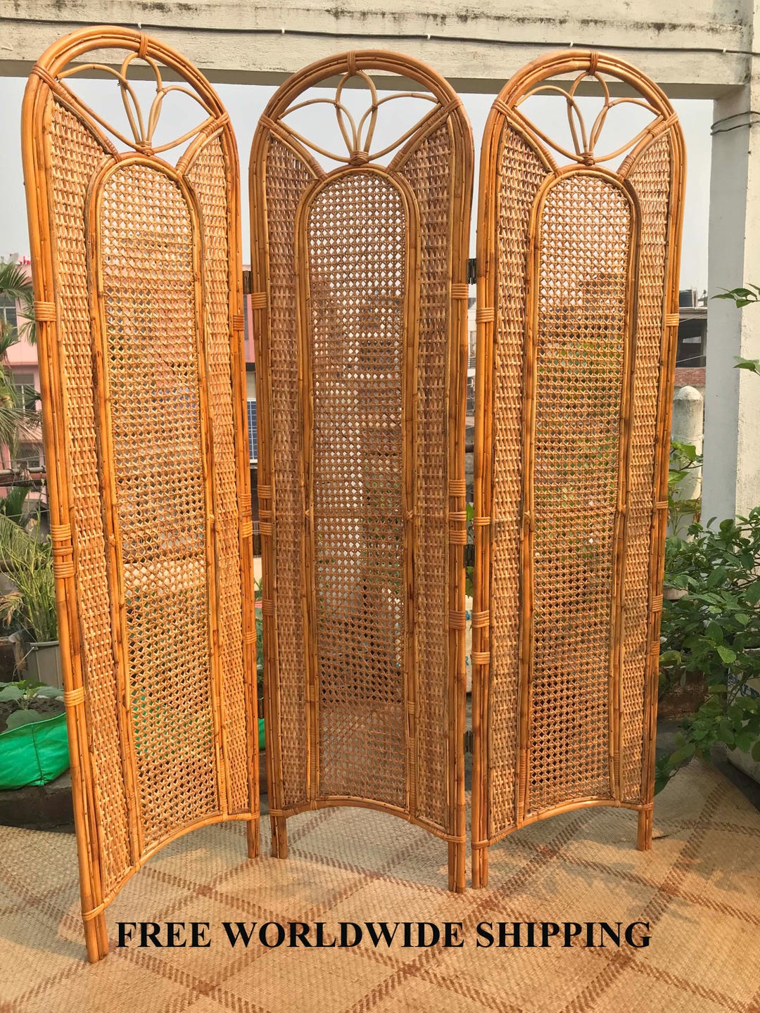 Freestanding Rattan Room Divider | Boho Cane Privacy Screen | 3-panel ...