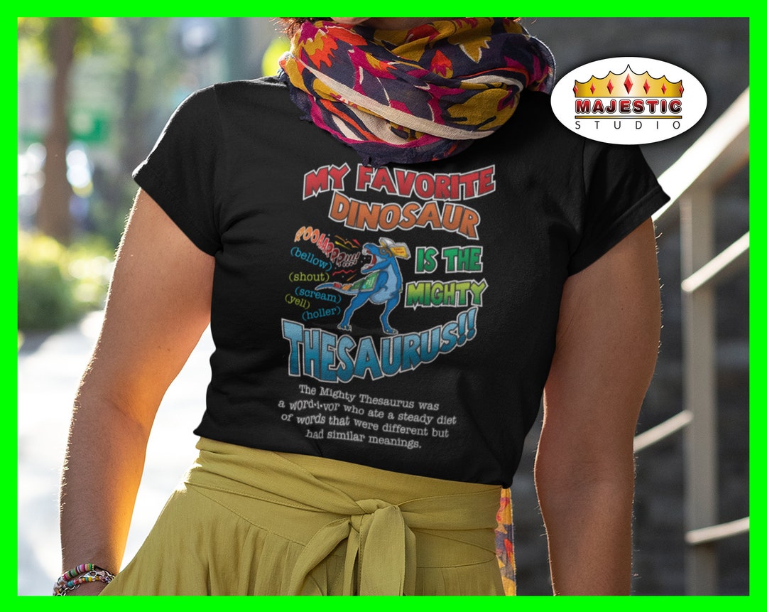 The Mighty Thesaurus Funny Dinosaur Tshirt, Educator T Shirt, Bookworm ...