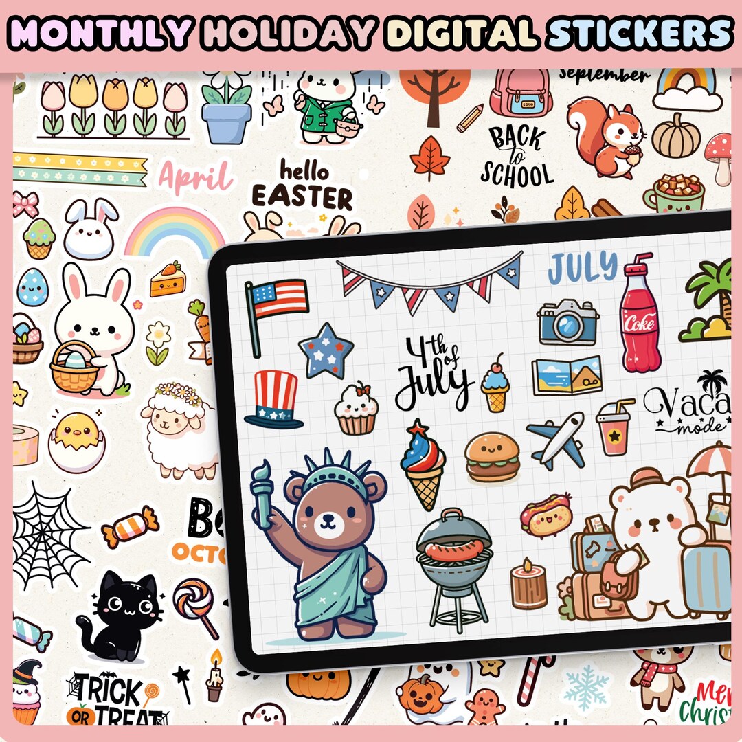 Monthly Holiday Goodnotes Stickers | Cute Digital Note Stickers | July ...