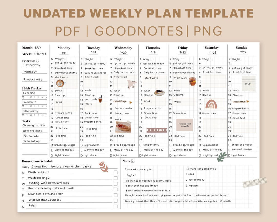 Undated Weekly Plan Template PDF | Goodnotes | Printable | Meal Plan ...