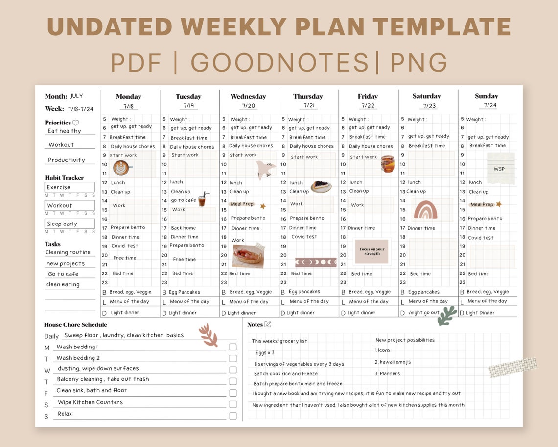 Undated Weekly Plan Template PDF Goodnotes Printable - Etsy