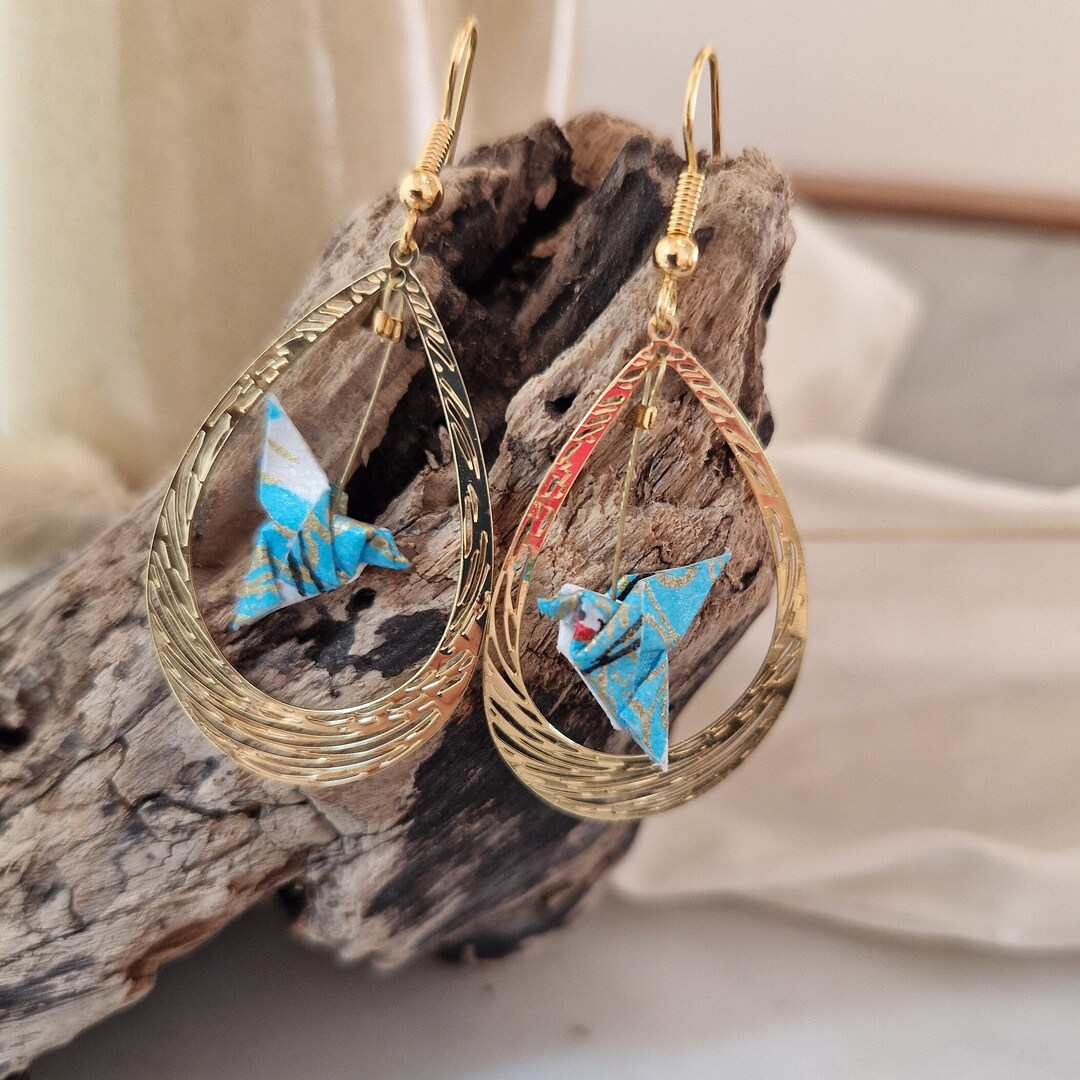 Origami Dove Earrings, Cut-out Hoops, Origami Bird, Duck Blue Gold ...