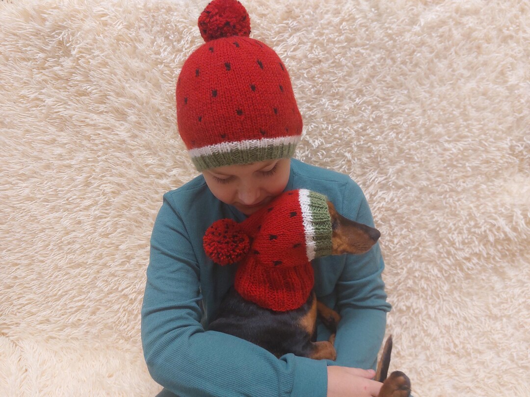 Watermelon Angora Wool Snood Hat Set for Mom and Dog, Snood Hat Set for ...