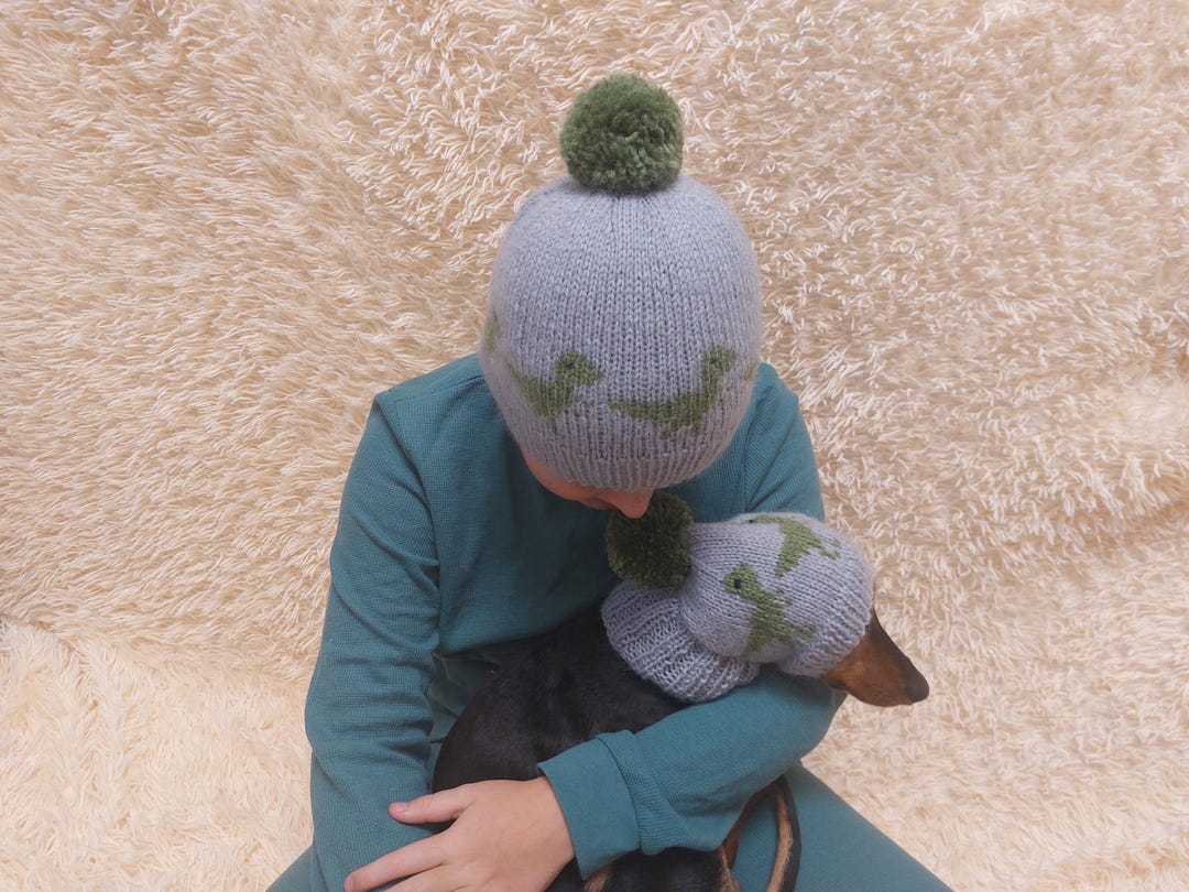 Dinosaur Angora Wool Snood Hat Set: Mom & Dog Pompom Beanies - Etsy