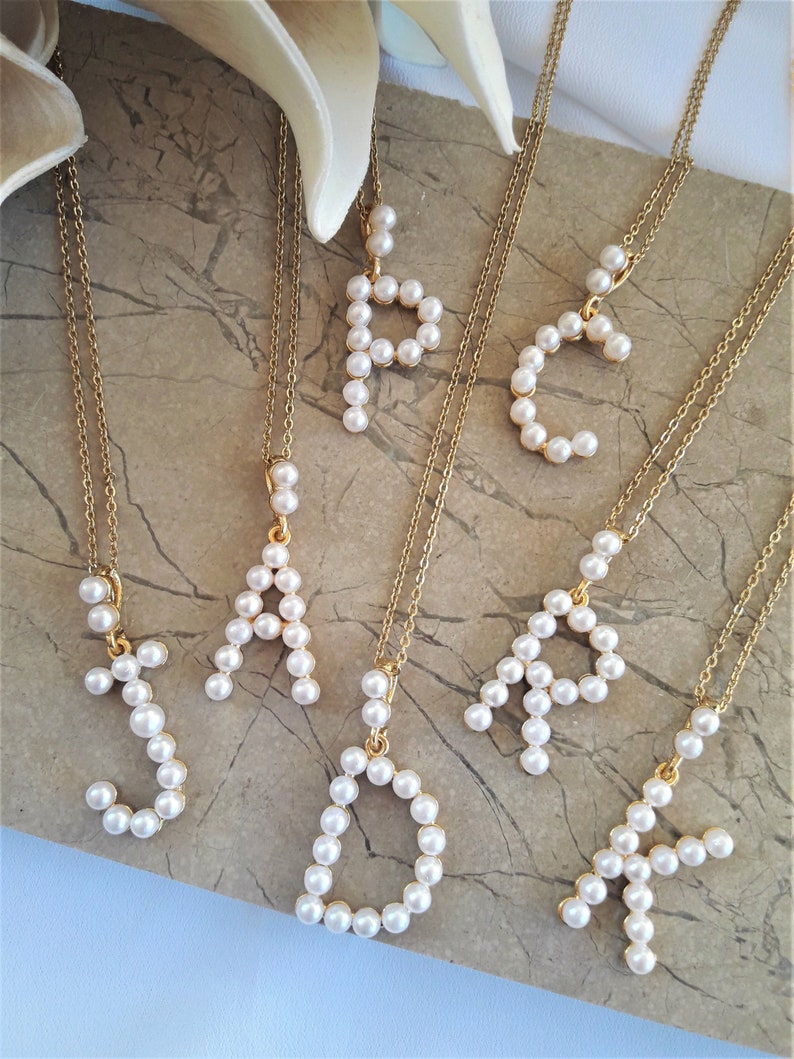 Pearl Initial Layering Necklace Large Initial Gold Necklace - Etsy UK