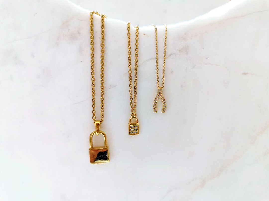 Gold Wishbone Necklace, Gold Filled Lock Necklace, Minimalist Dainty ...