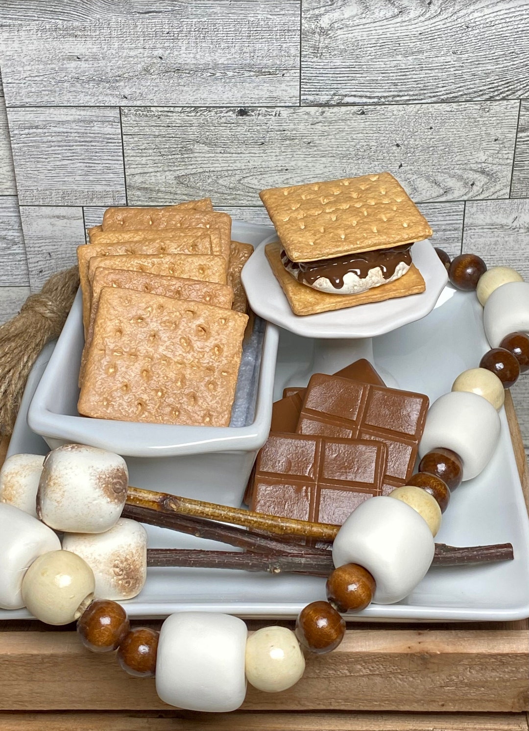 Fake Bake Smore and Set of 3 Roasted Marshmallows on Sticks for Tiered ...