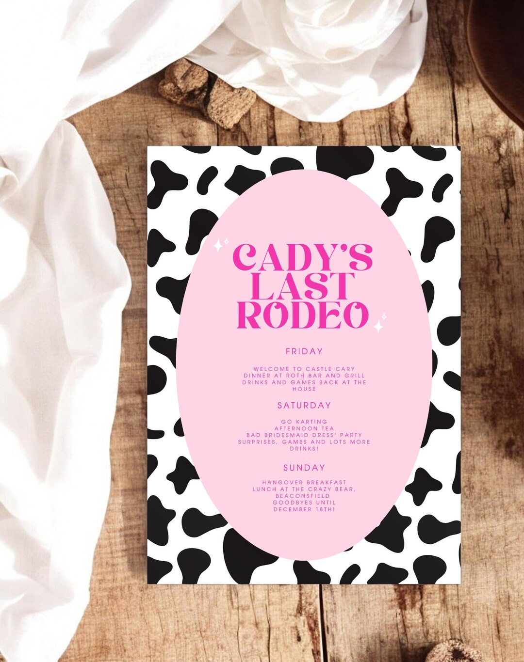 Cow Print Hen Party Itinerary Last Rodeo Hen Do Fun Bachelorette Party ...