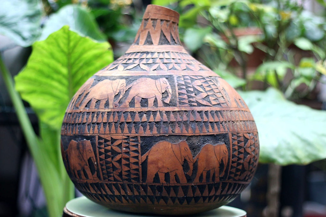 Vintage African Calabash , Folk Art Gourd, Liquid Container, Carved Jug ...