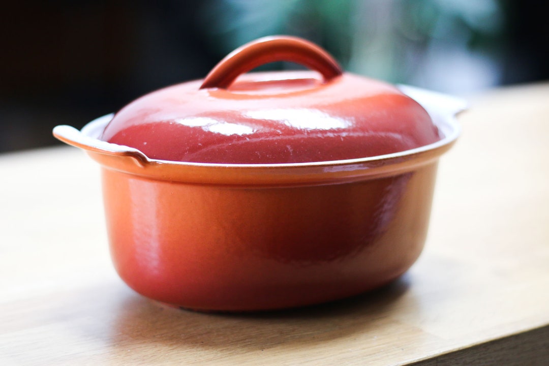 Vintage Enamelled Cast Iron Pan, Gradient Orange to Red, Casserole Oval ...