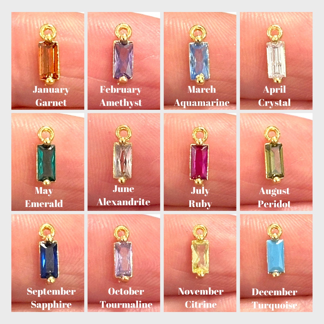 Mini Birthstone CZ Charms, Birthstone Baguette 24kt Gold Plated CZ ...