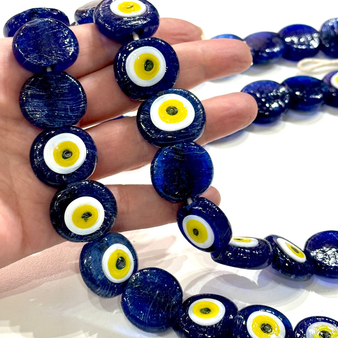Traditional Turkish Artisan Handmade Glass Navy Evil Eye Beads, Large ...