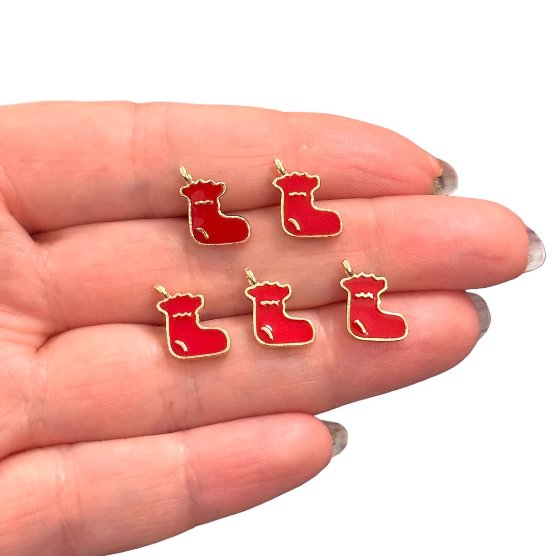 Red Christmas Stockings Charms, 24kt Gold Plated Red Enamelled Xmas ...