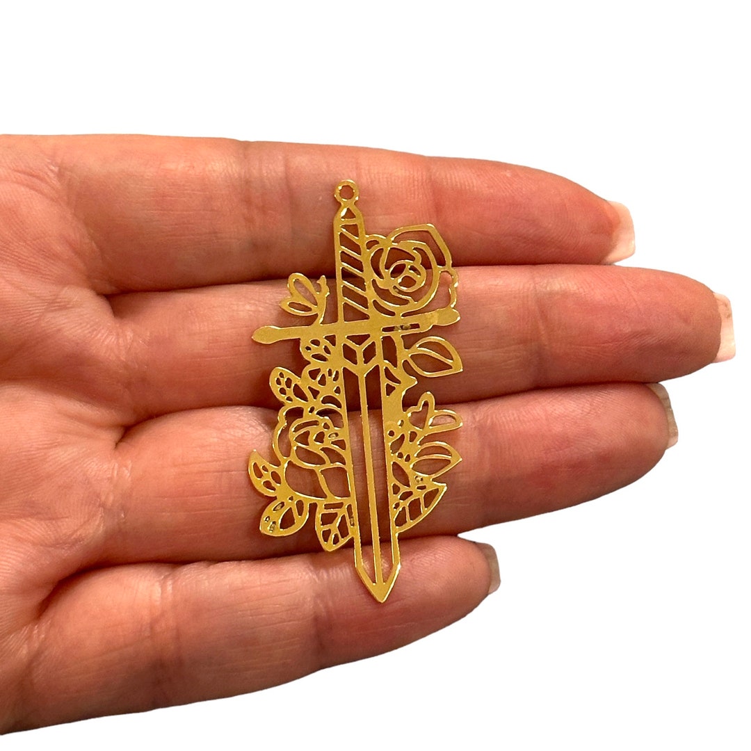 24kt Gold Plated Sword With Flowers Charm, Laser Cut Sword With Flowers ...