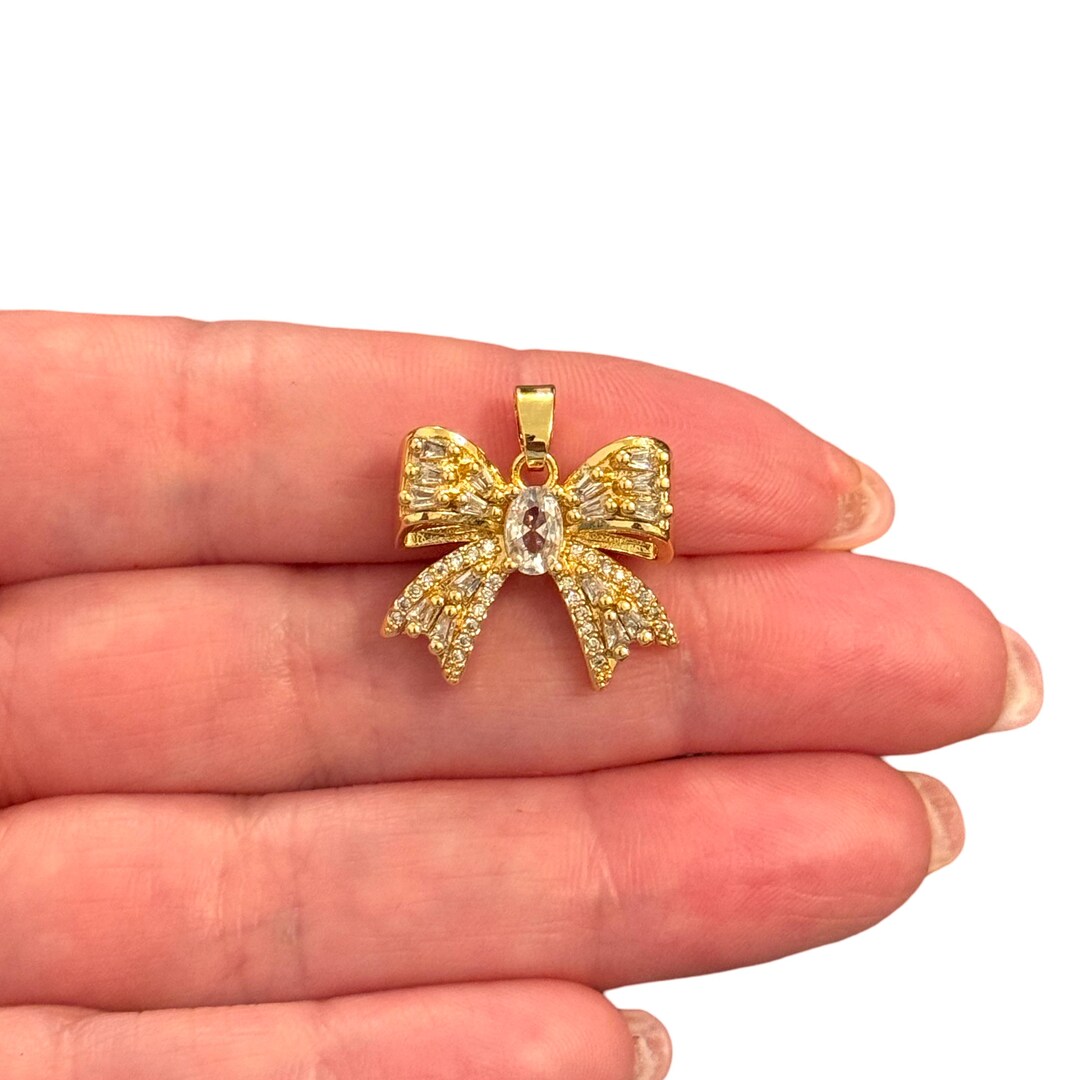 24kt Gold Plated 3D Bow Pendant Necklace With Clear CZ Stones & Bail ...