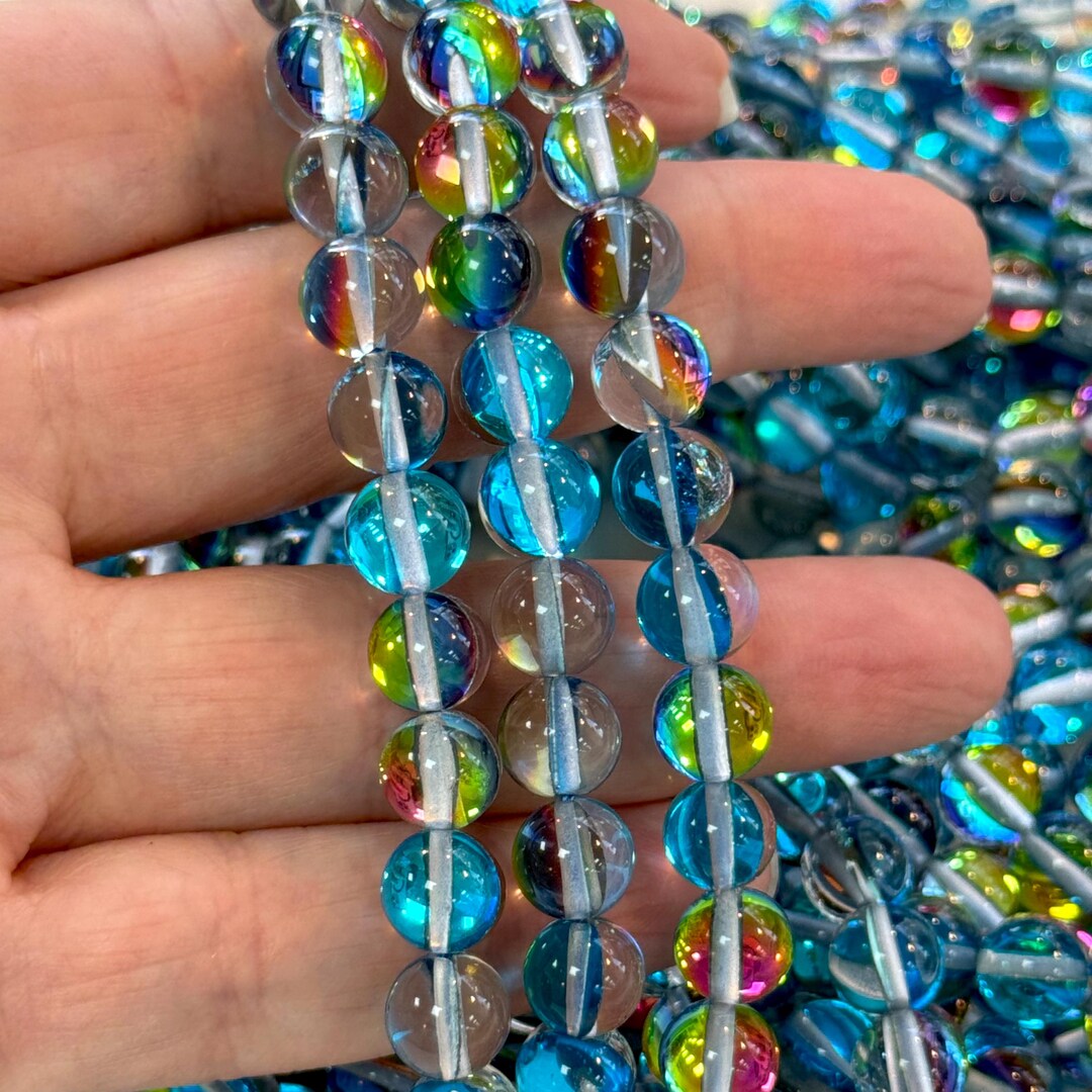 Aurora Borealis Blue Mermaid Beads – Iridescent Round Glass Beads 8mm ...