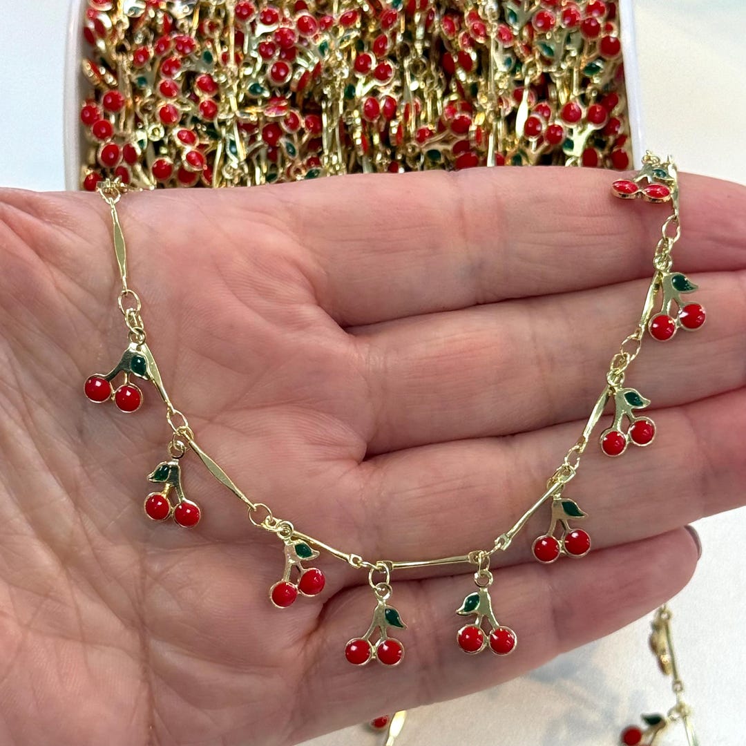 24K Gold Plated Brass Bar & Cherry Charm Chain – Enamel Cherry Link ...