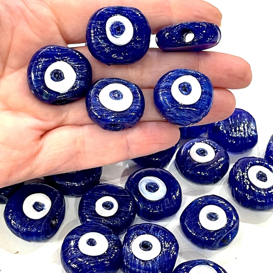 Traditional Turkish Artisan Handmade Glass Navy Evil Eye Beads, Large ...
