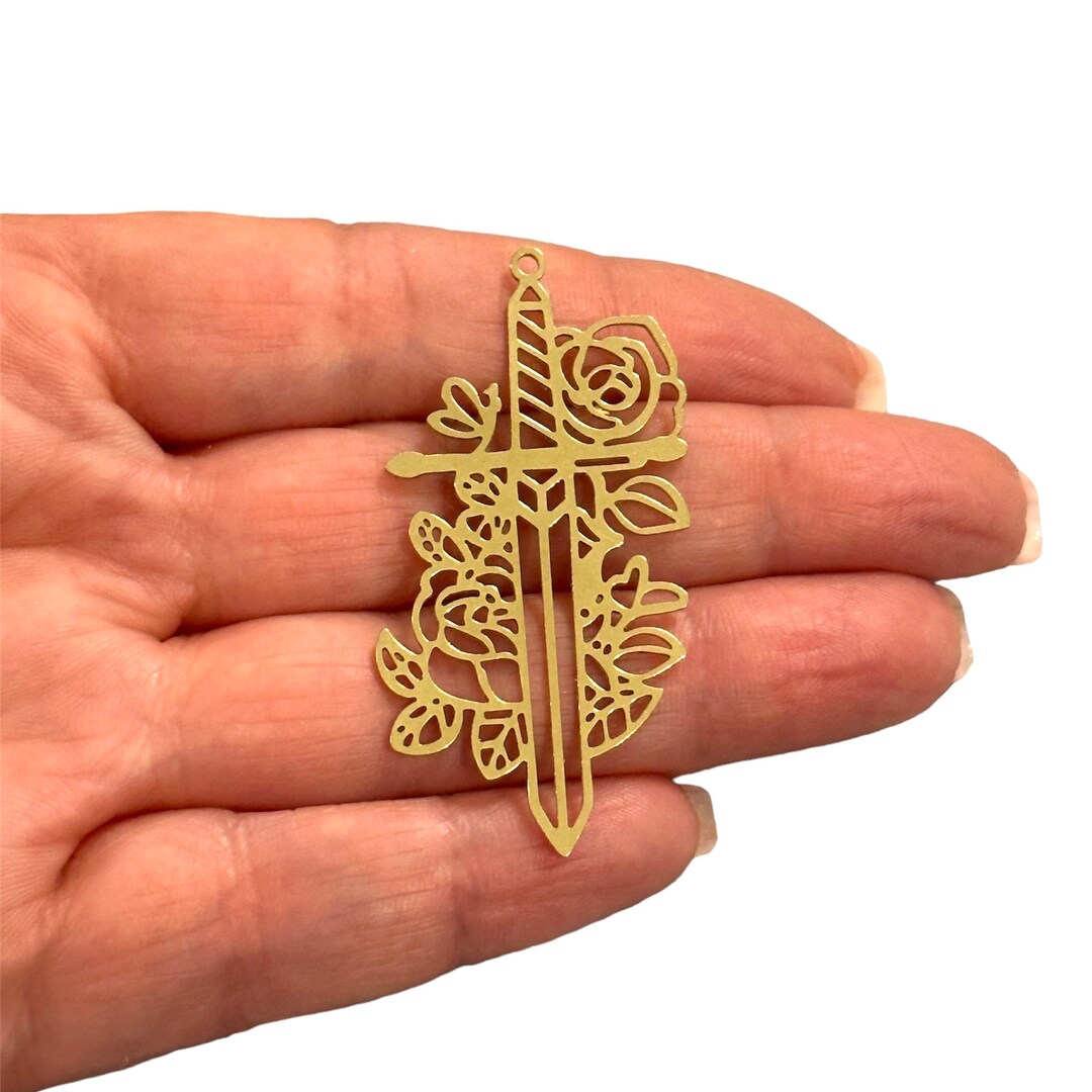 Raw Brass Sword With Flowers Charm, Laser Cut Sword With Flowers Charm ...