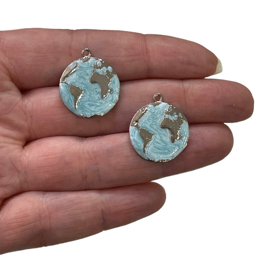 Rhodium Plated World Map Charms, Planet Earth Rhodium Charms, 2 Pcs in ...