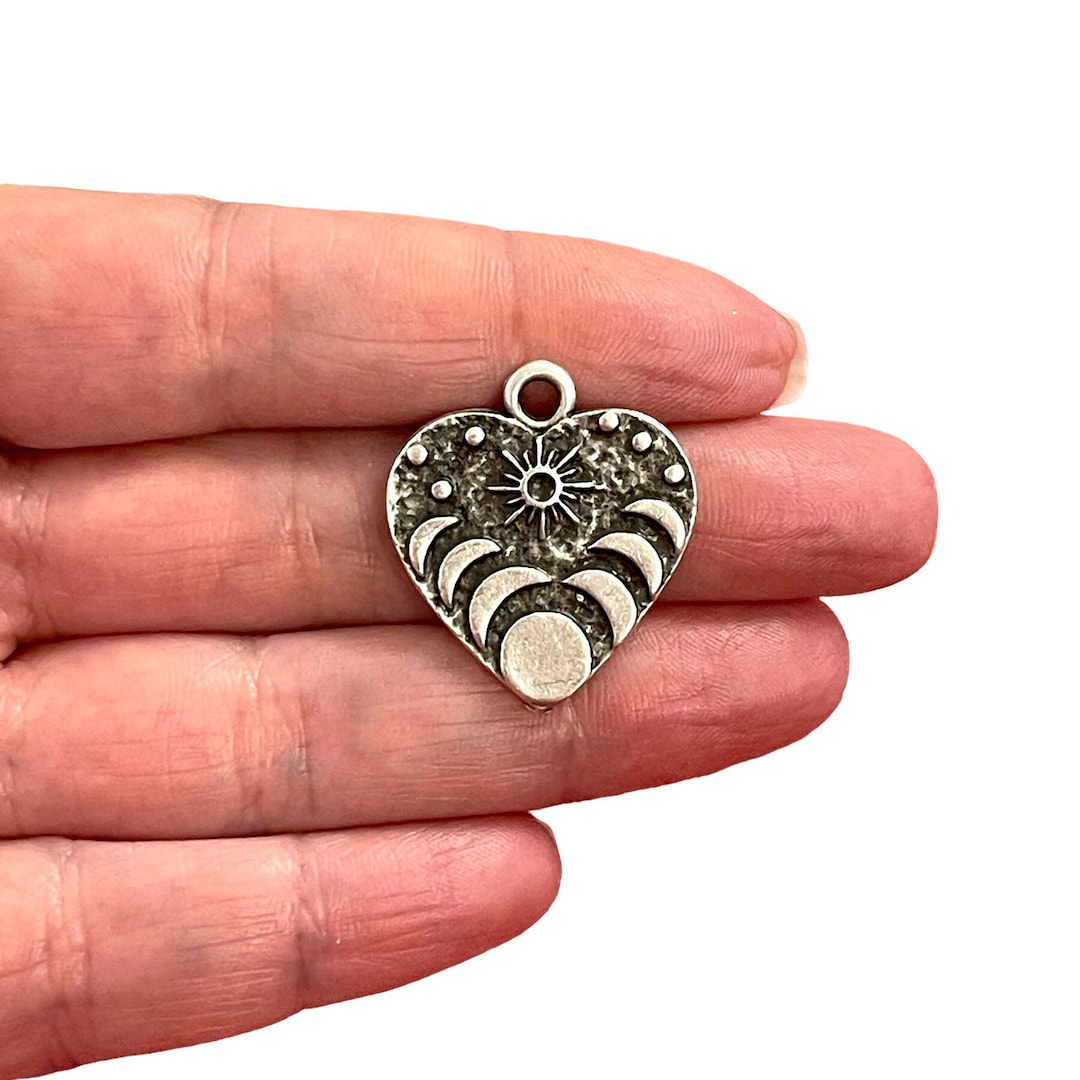 Antique Silver Plated Phases of Moon Heart Charms, Silver Phases of ...