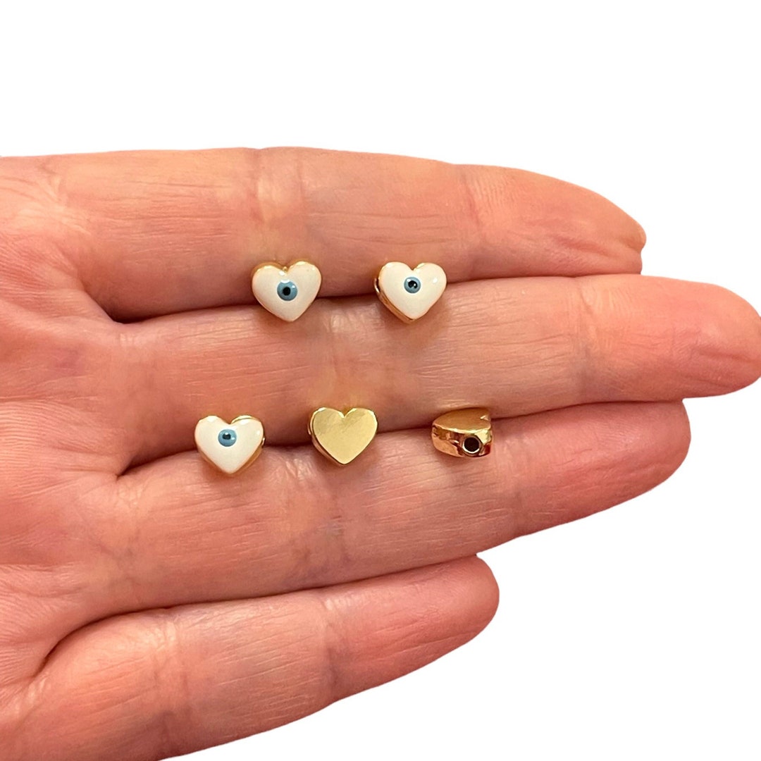 8mm 24kt Gold Plated White Evil Eye Enamelled Heart Spacers, 5 Pcs in a Pack - Etsy