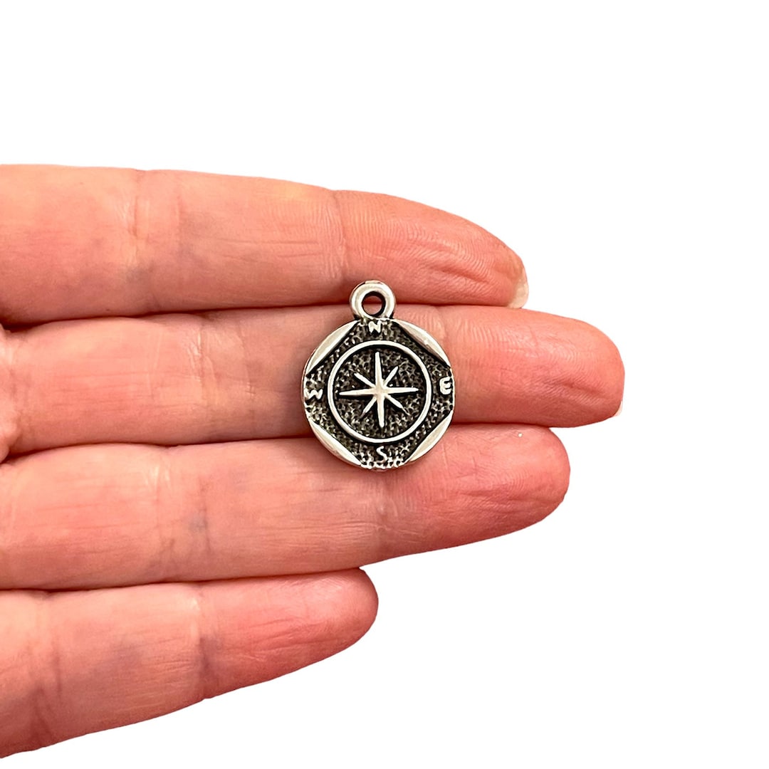 Antique Silver Plated Compass Charms, Silver Compass Charms, 2 Pcs in a ...