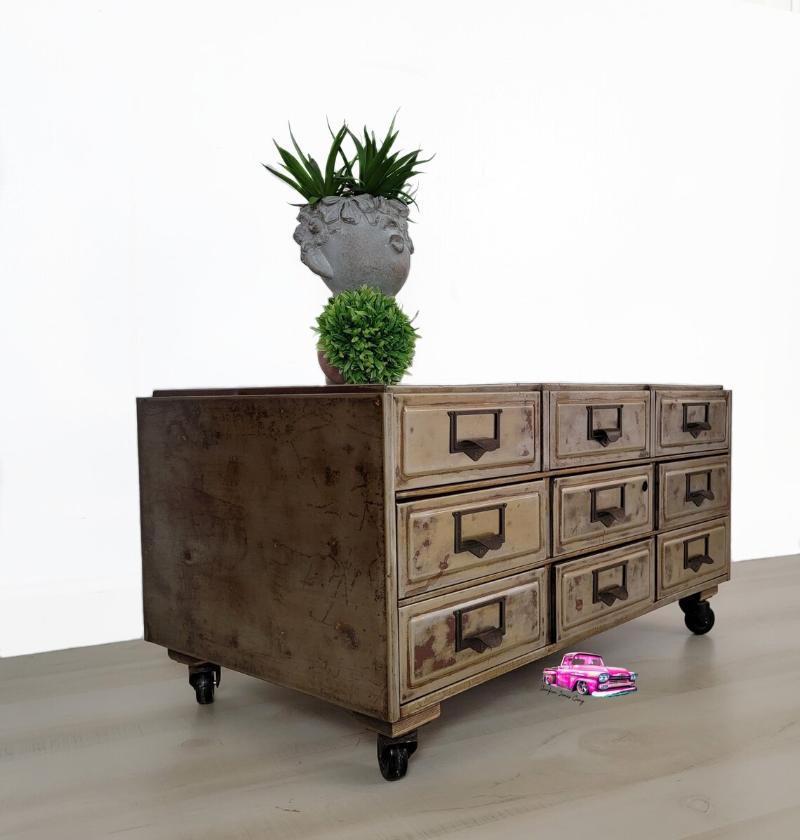 Vintage Metal Industrial Card Catalog Table With 9 Drawers,metal ...