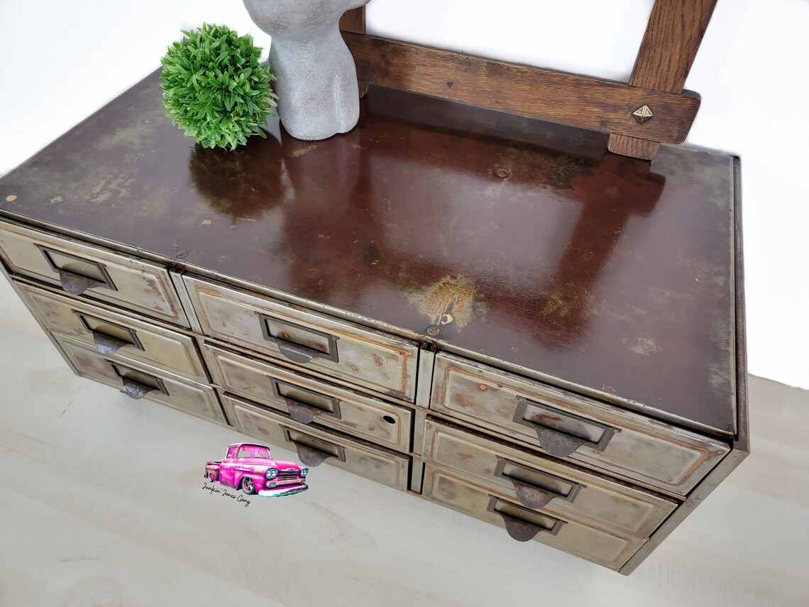 Vintage Metal Industrial Card Catalog Table With 9 Drawers,metal ...