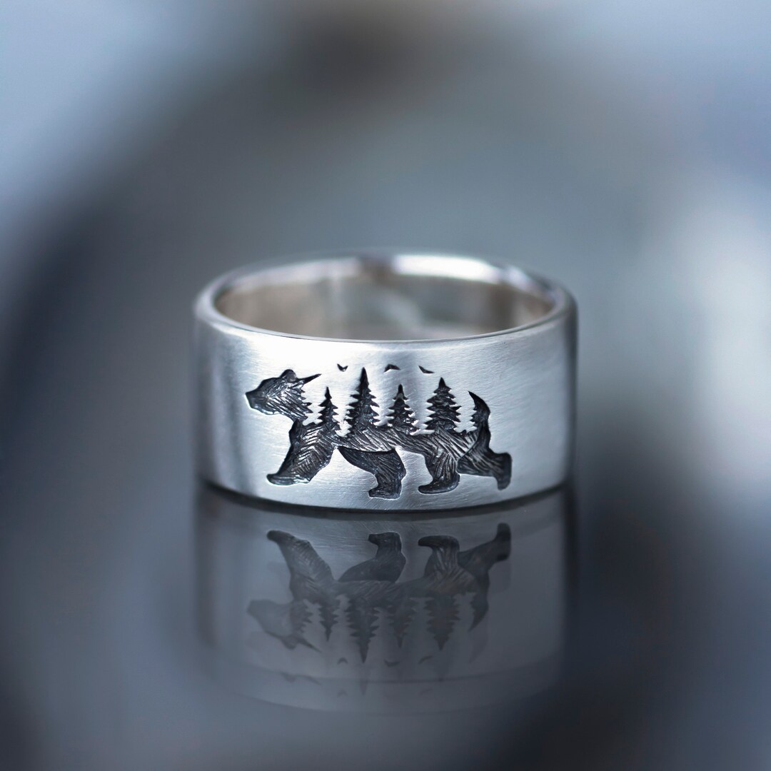 Bear Ring, Bear Double Exposure, Wide Ring Forest,men Ring Minimal,bear ...