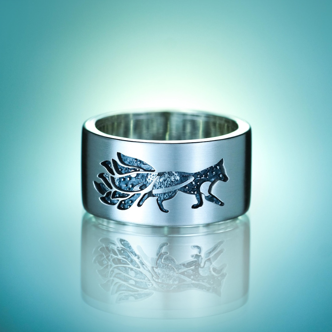 Sterling Silver Kitsune Spinner Ring – Wide Band, Cosmic Fox - Etsy
